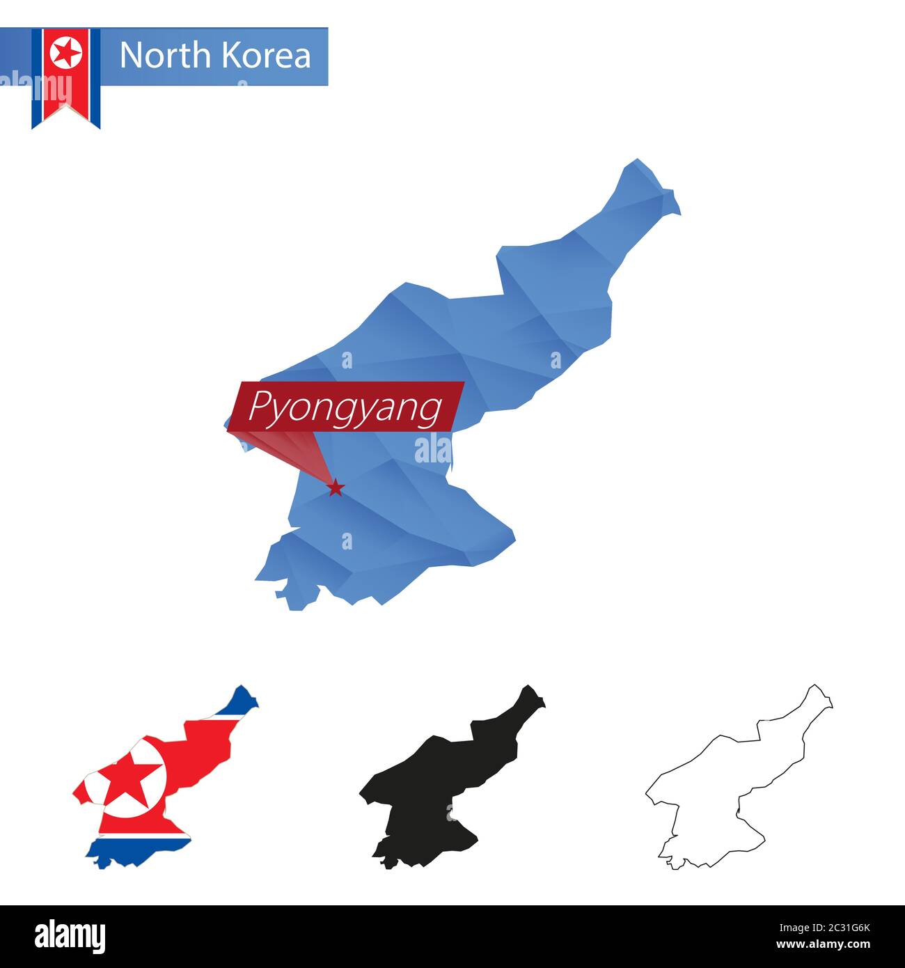 North Korea blue Low Poly map with capital Pyongyang, four versions of ...