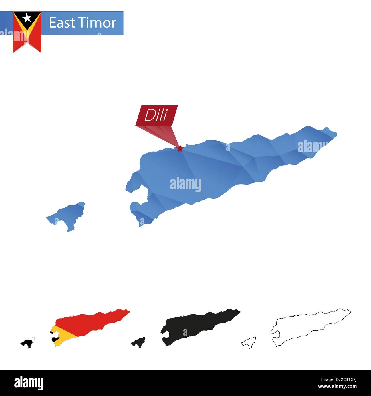 East Timor blue Low Poly map with capital Dili, four versions of map ...