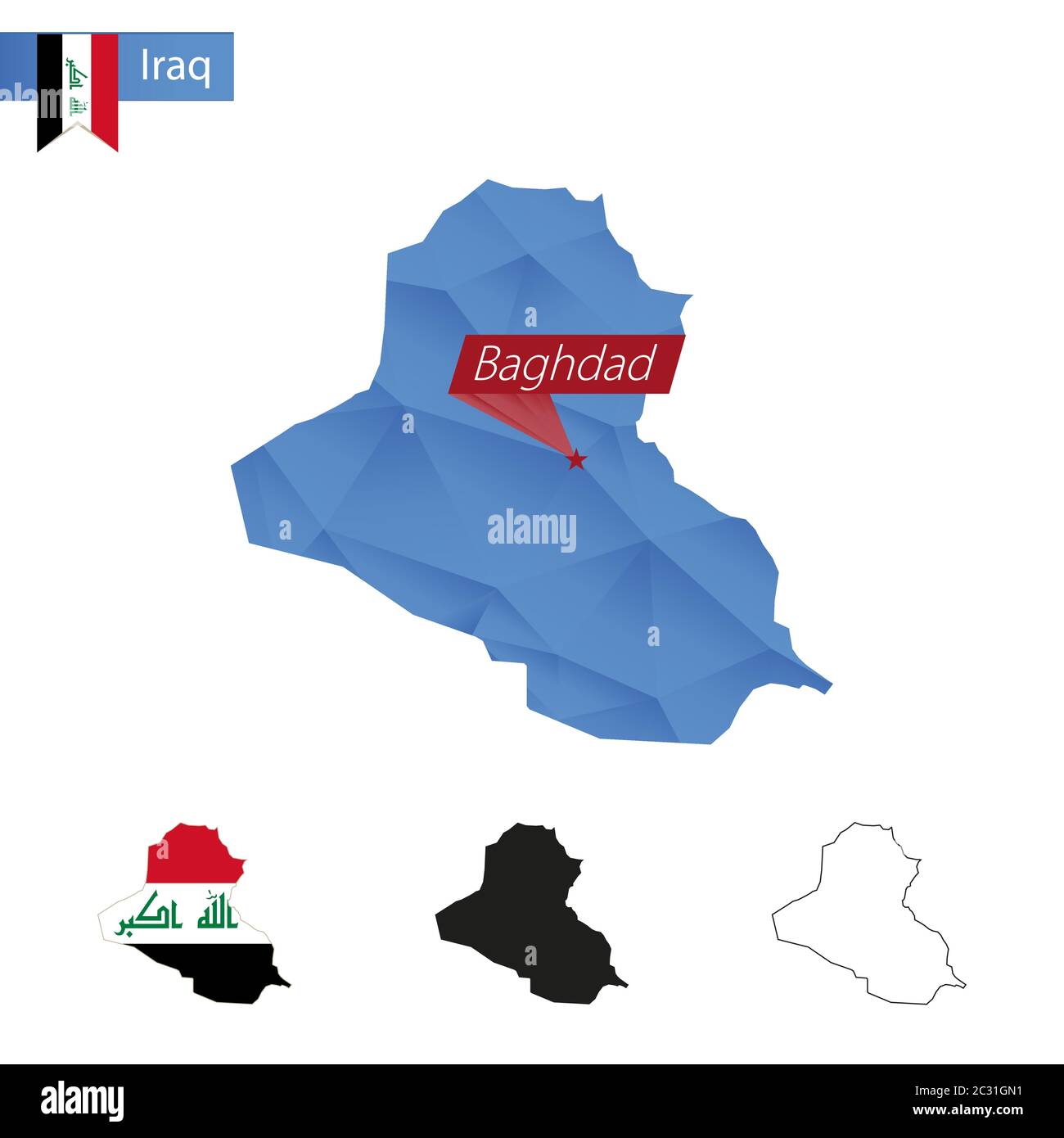 Iraq blue Low Poly map with capital Baghdad, versions with flag, black ...