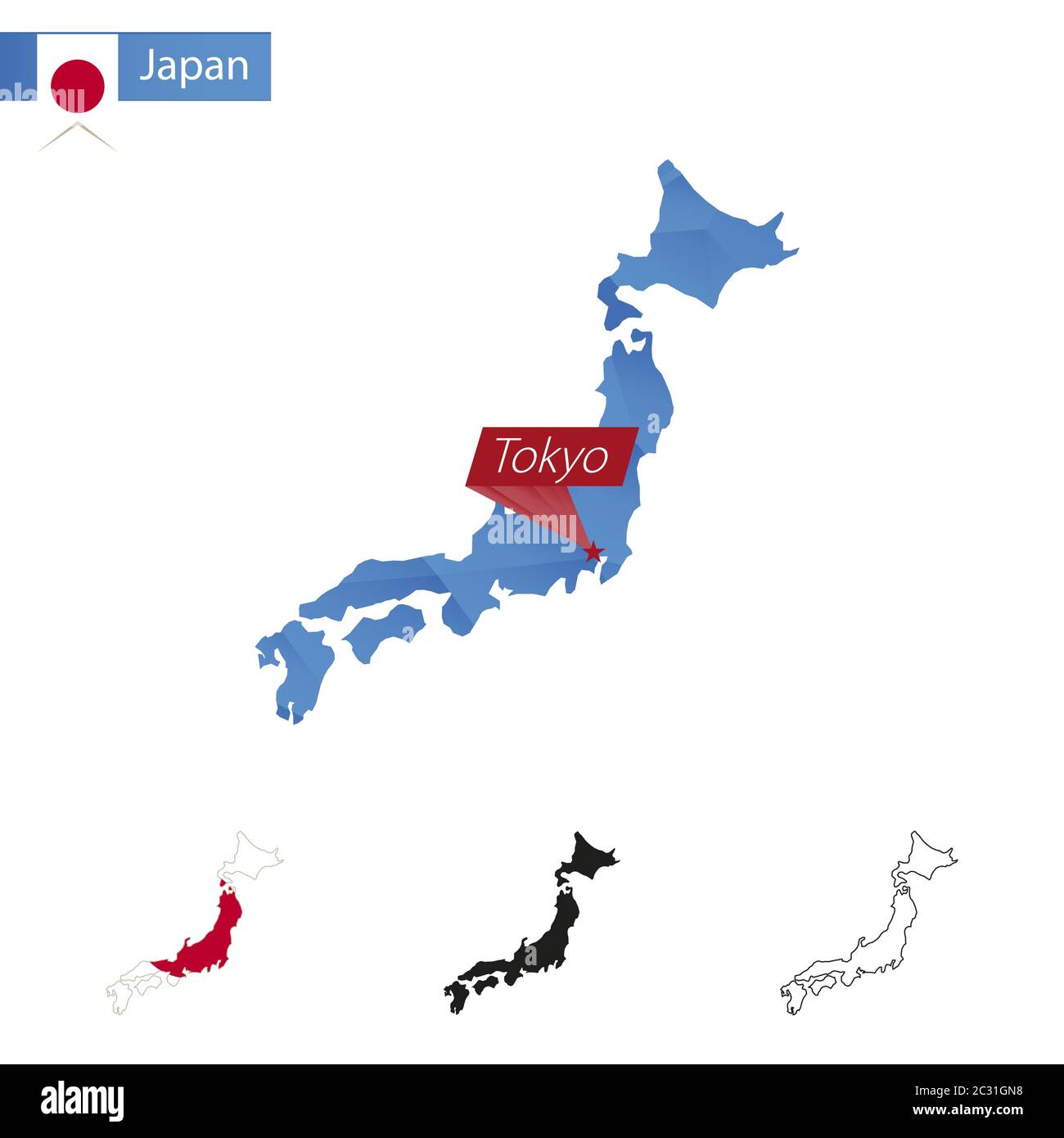 Japan blue Low Poly map with capital Tokyo, four versions of map ...