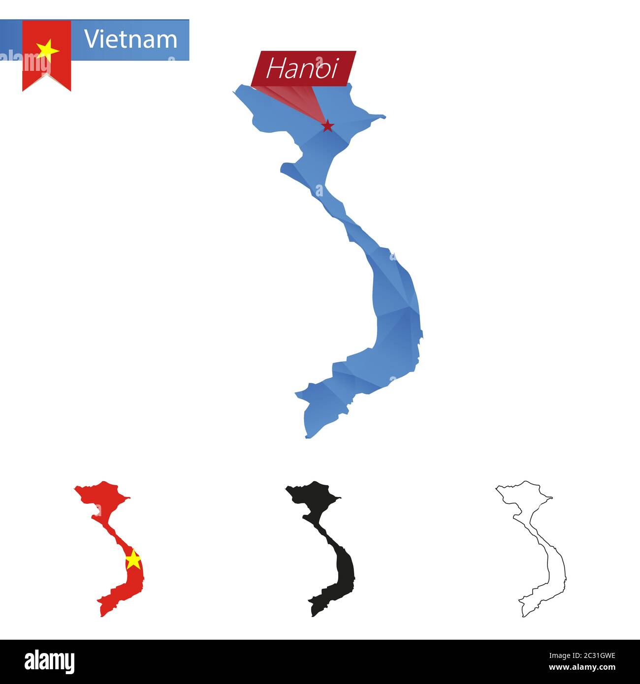 Vietnam blue Low Poly map with capital Hanoi, versions with flag, black ...