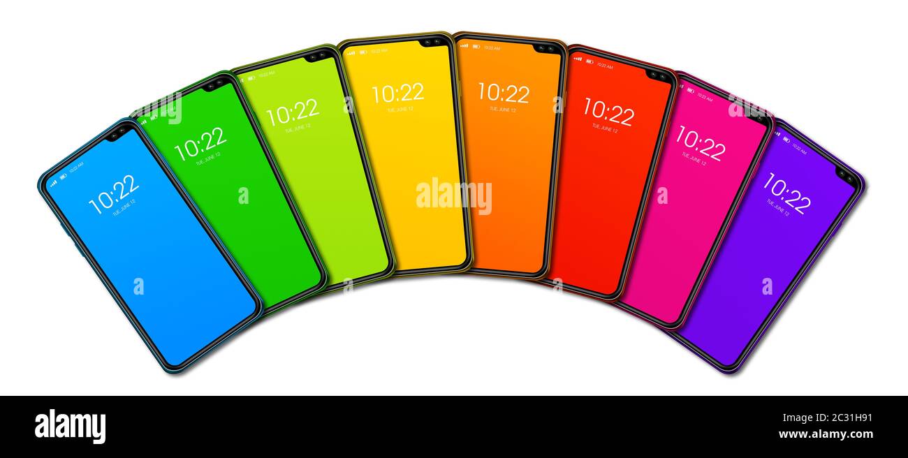 Rainbow colorful smartphone set banner. Isolated on white Background ...