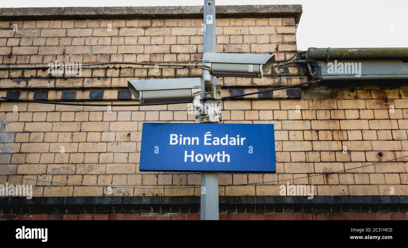 Howth, Ireland - February 15, 2019: Blue signs showing Howth train ...