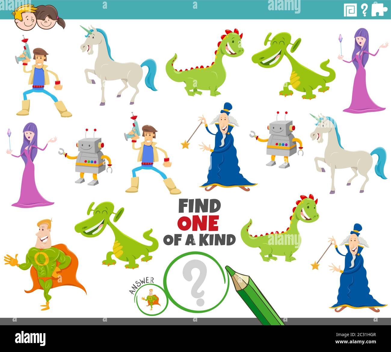 Cartoon Illustration of Find One of a Kind Picture Educational Game ...