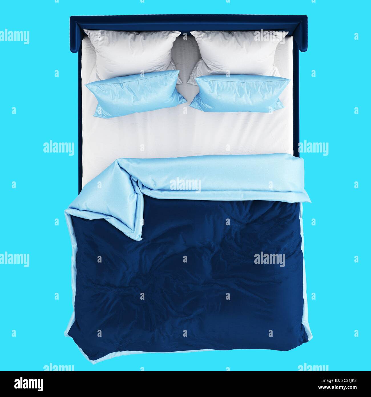 A soft blue double bed with blue and white bed linen on a blue ...