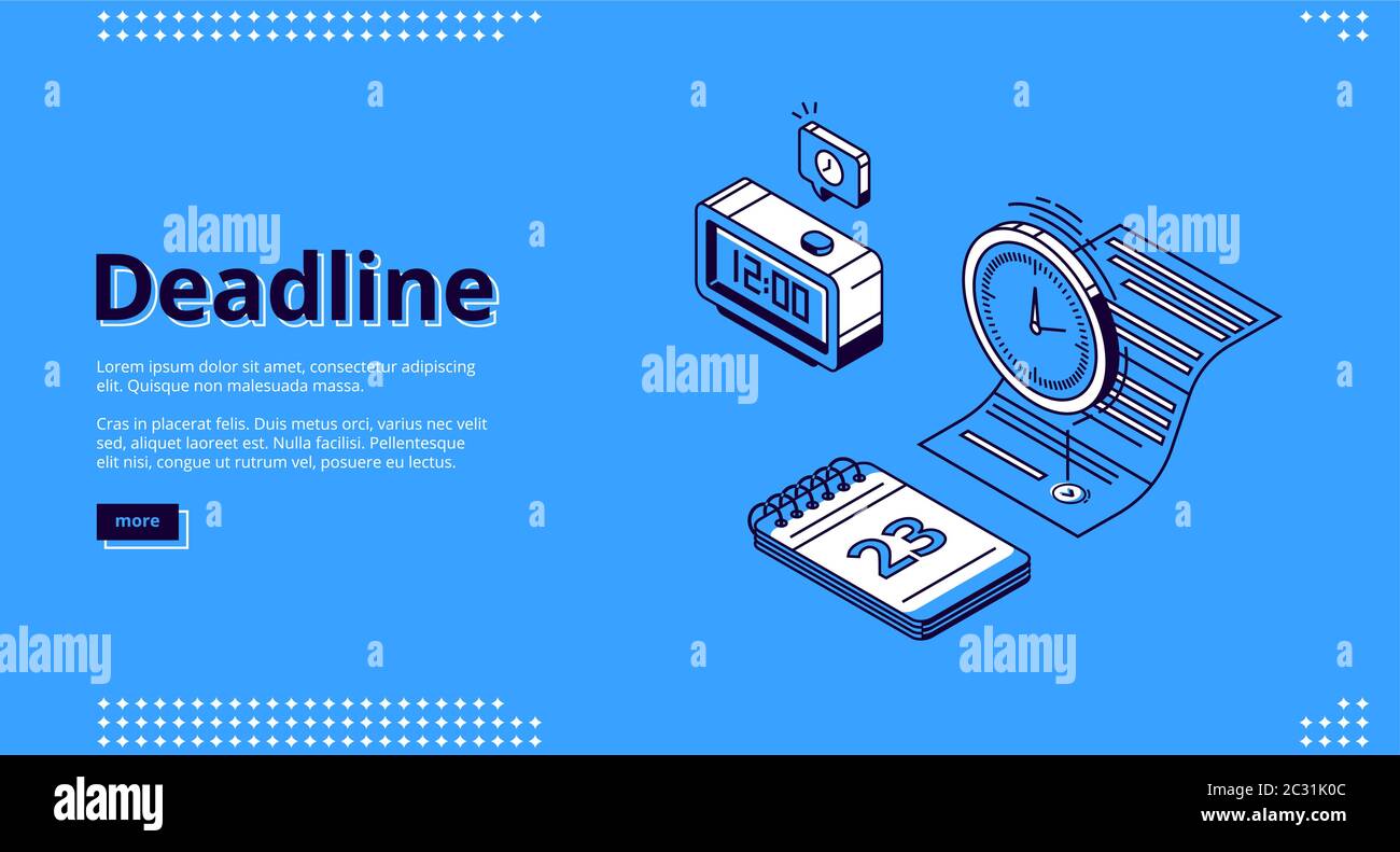 Deadline isometric landing page, Paper document page , alarm clock and ...