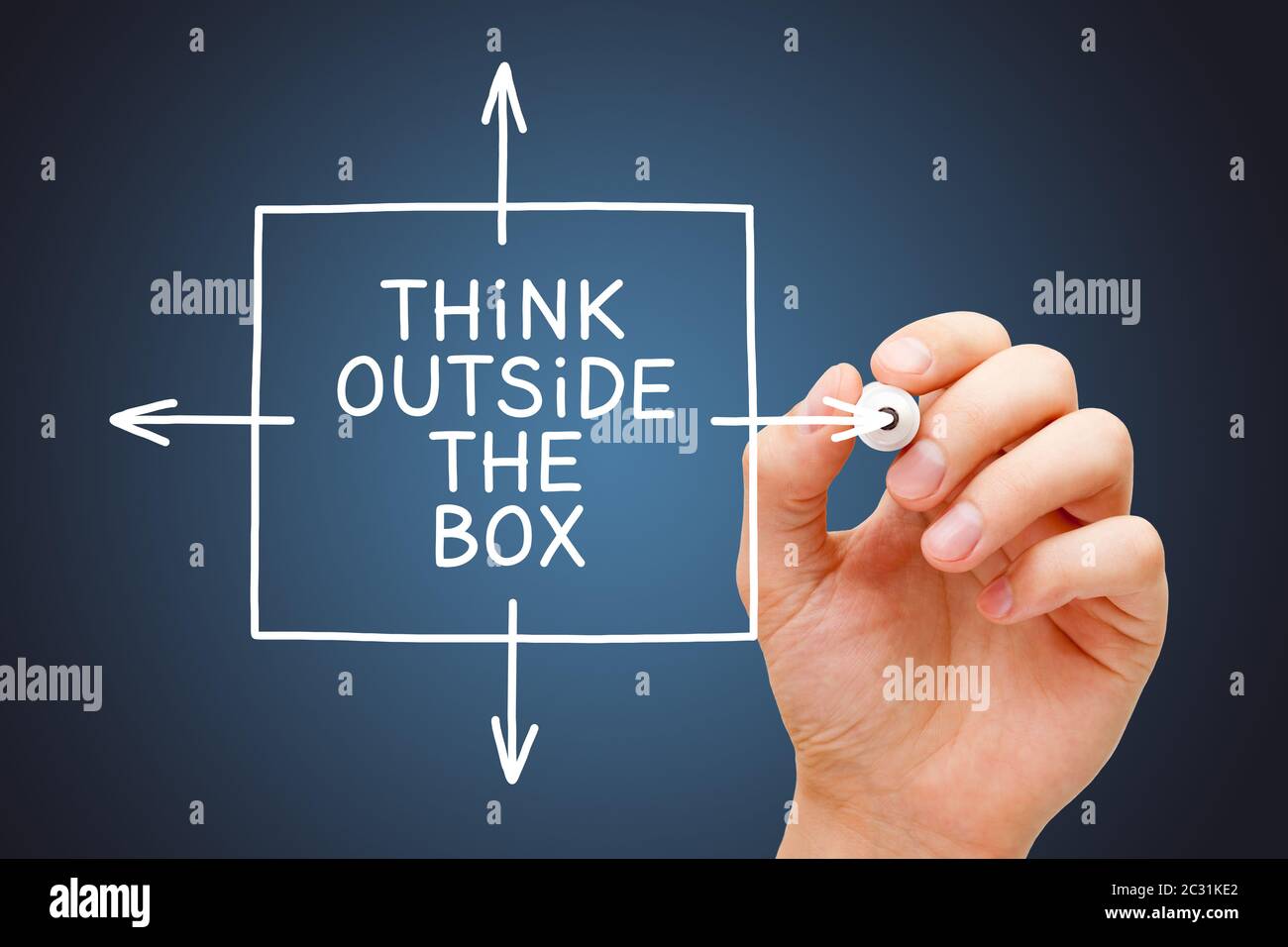 Hand drawing Think Outside The Box arrows concept with white marker on ...