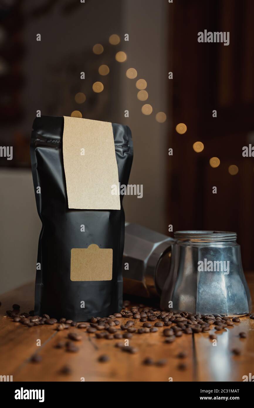 Coffee Packaging Mockup With Coffee Maker Stock Photo - Alamy