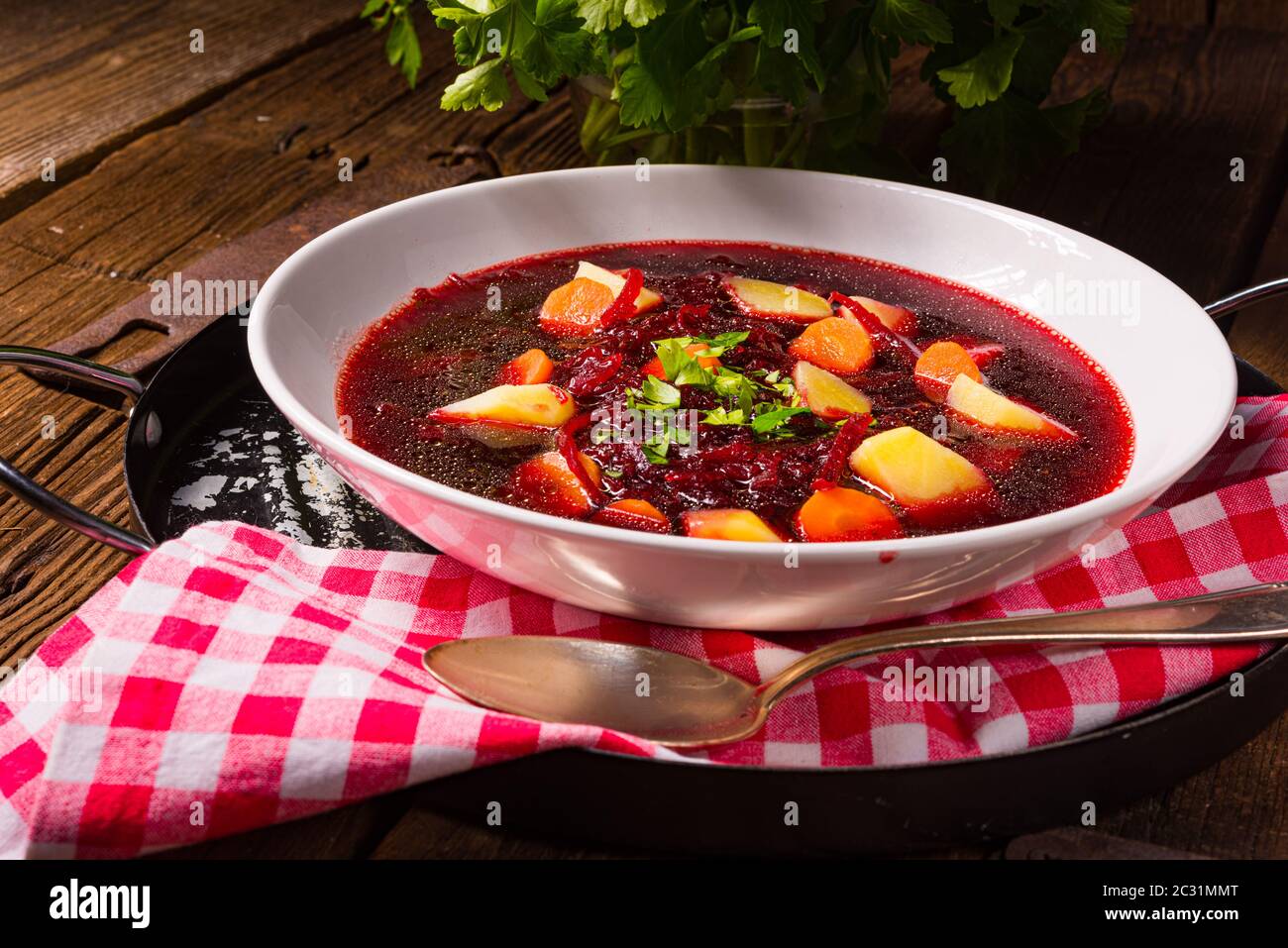 Delicious beetroot borscht with egg Stock Photo - Alamy