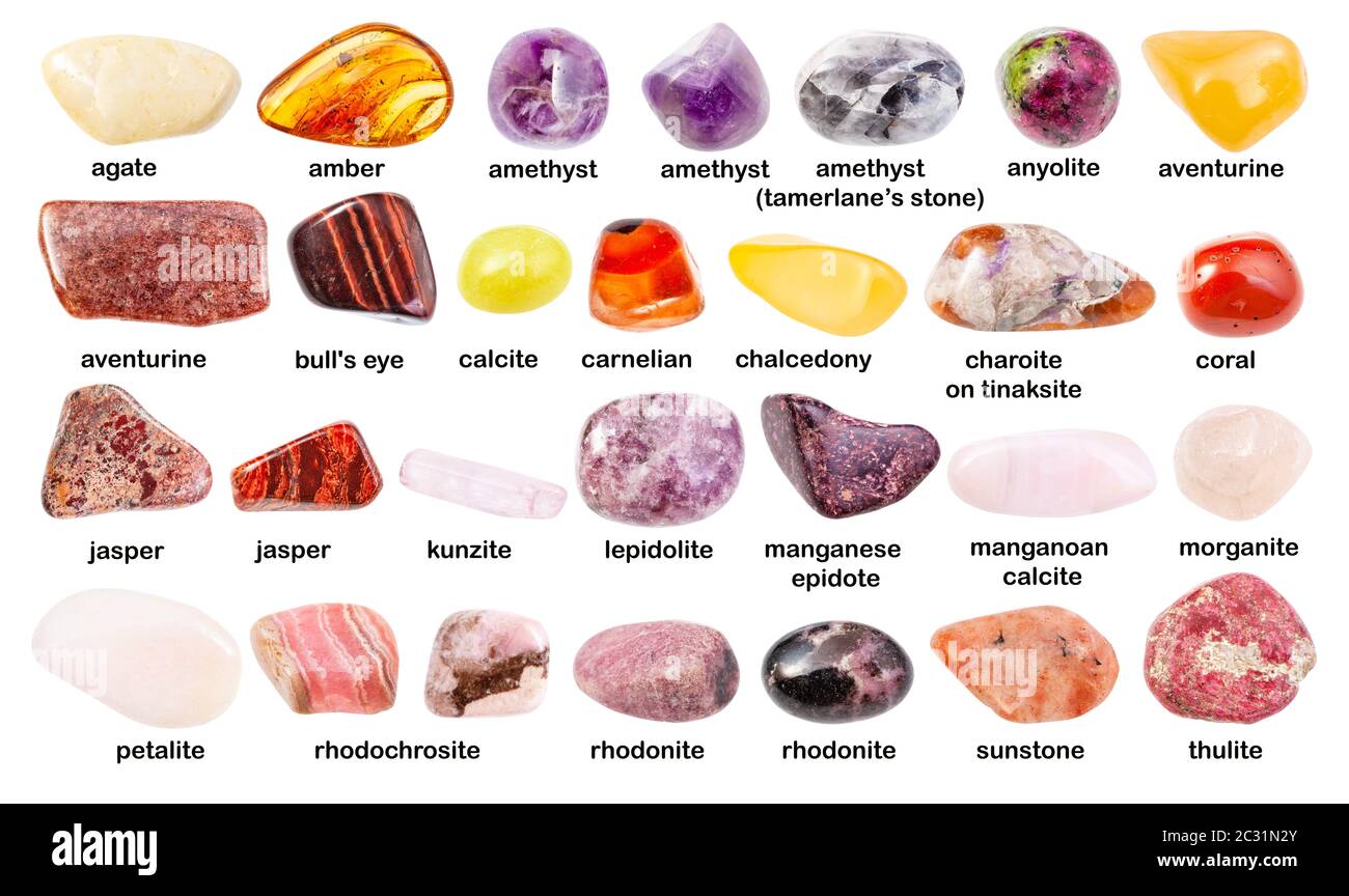 set of various gemstones with names (kunzite, petalite, carnelian ...