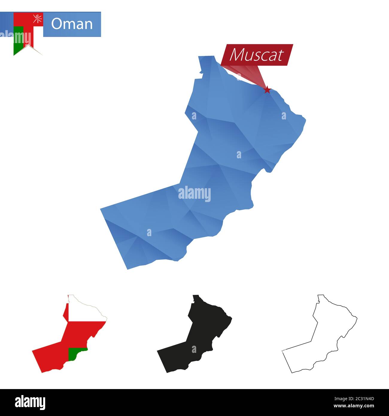 Oman blue Low Poly map with capital Muscat, versions with flag, black ...