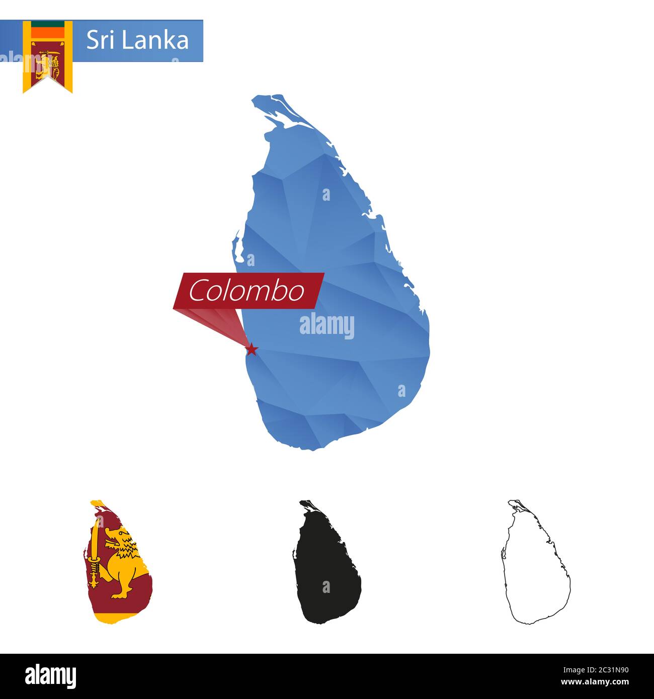 Sri Lanka blue Low Poly map with capital Colombo, versions with flag ...