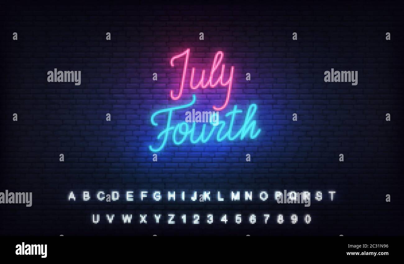 July Fourth neon sign. USA Independence Day glowing lettering banner ...