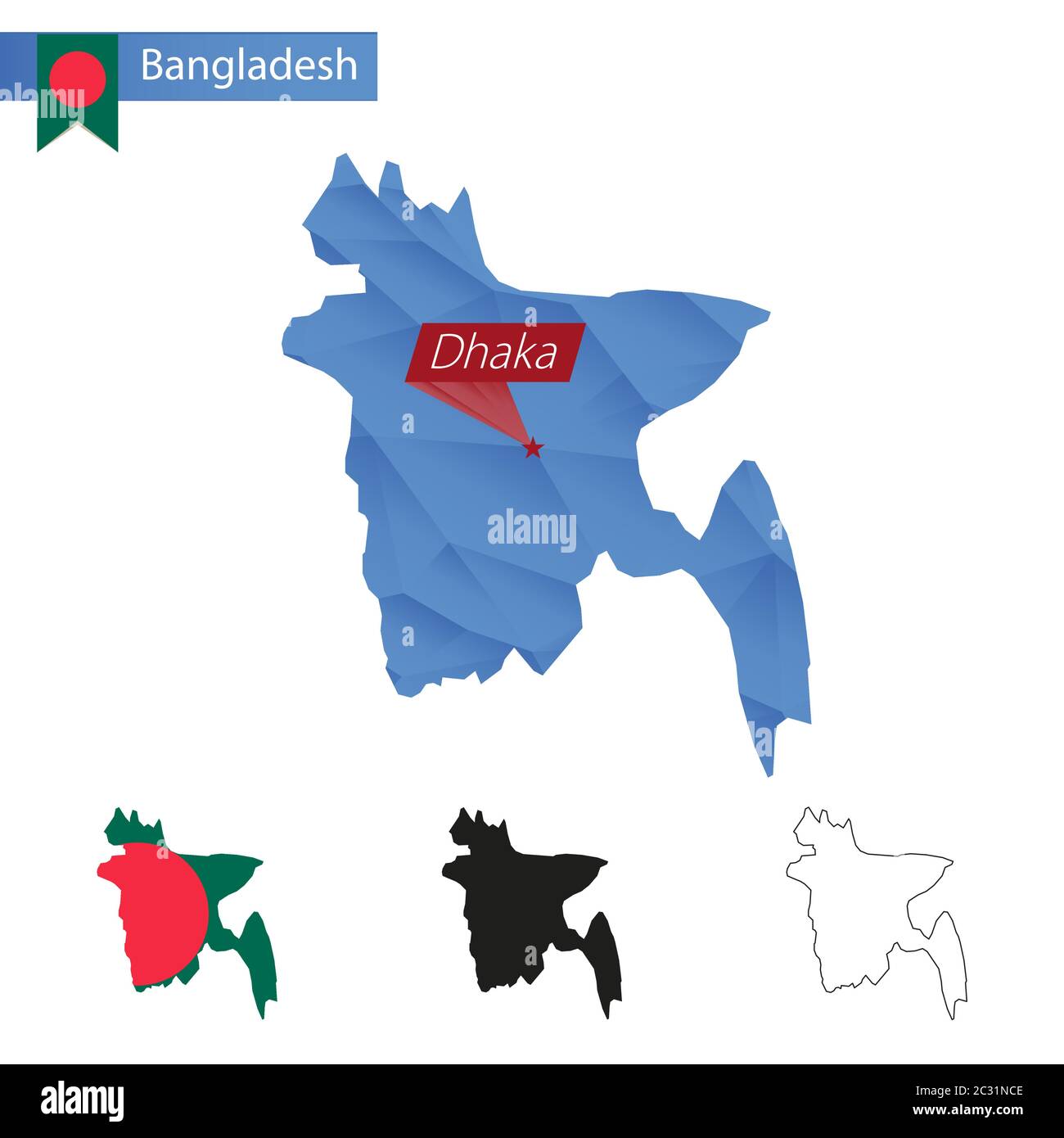 Bangladesh blue Low Poly map with capital Dhaka, versions with flag ...