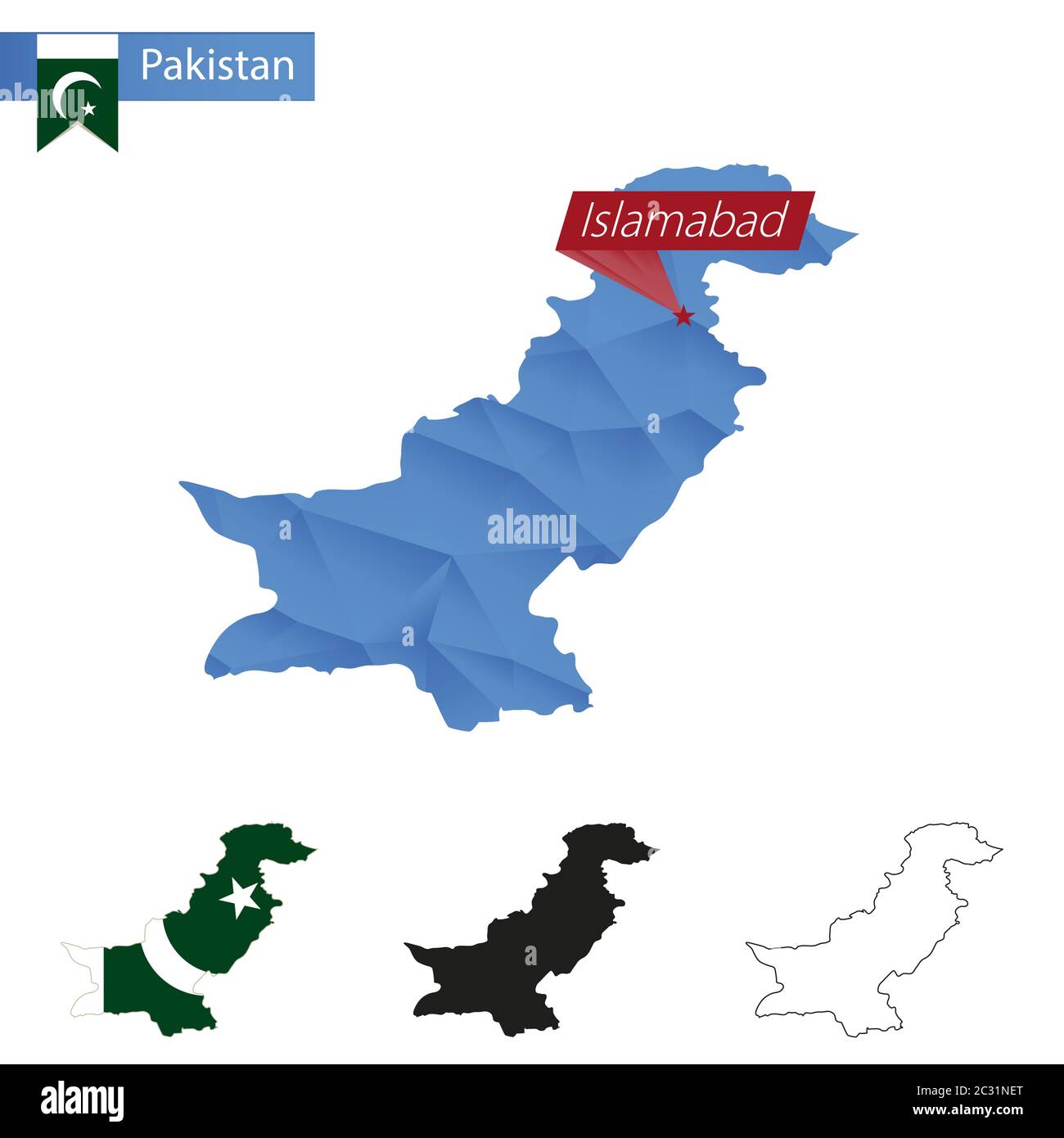 Pakistan blue Low Poly map with capital Islamabad, four versions of map ...