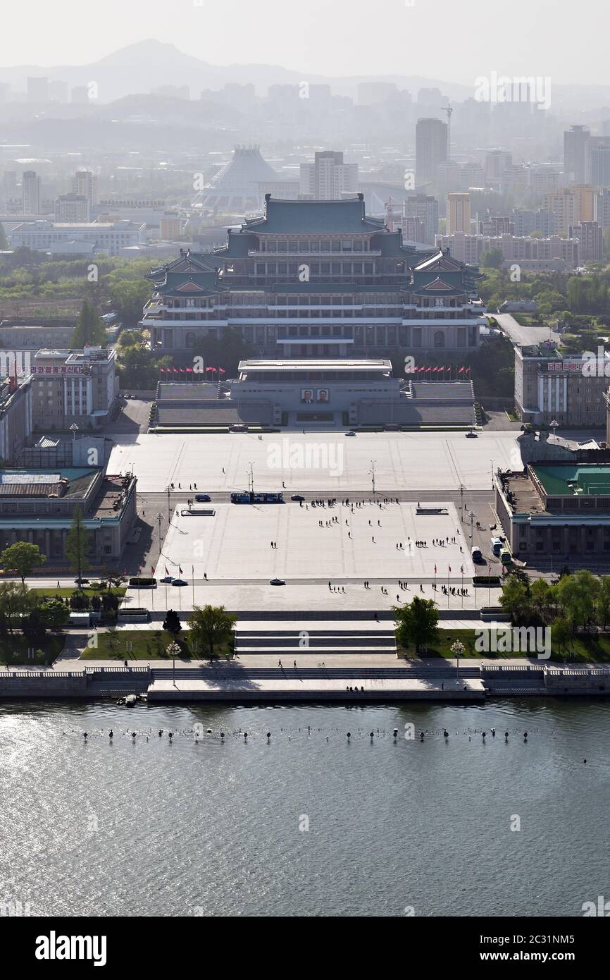 Pyongyang, North Korea - May 1, 2019: View from above on the central ...