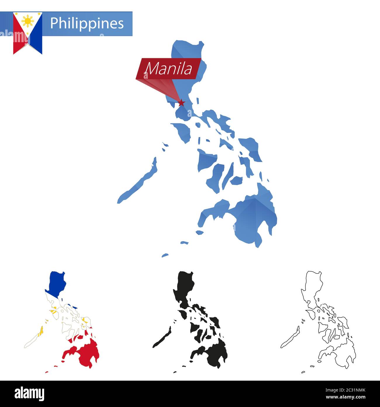 Philippines blue Low Poly map with capital Manila, four versions of map ...