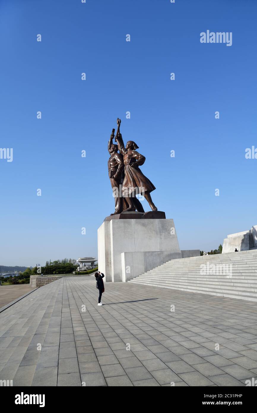 Pyongyang, North Korea - May 1, 2019: Juche statue consisting of three ...