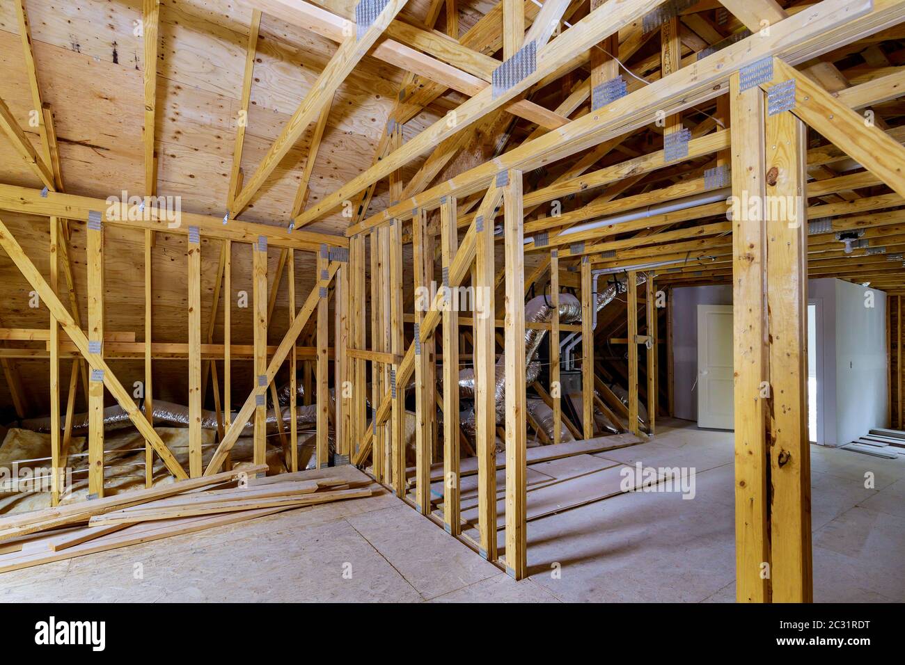 Unfinished roofing of interior view of a house residential construction ...