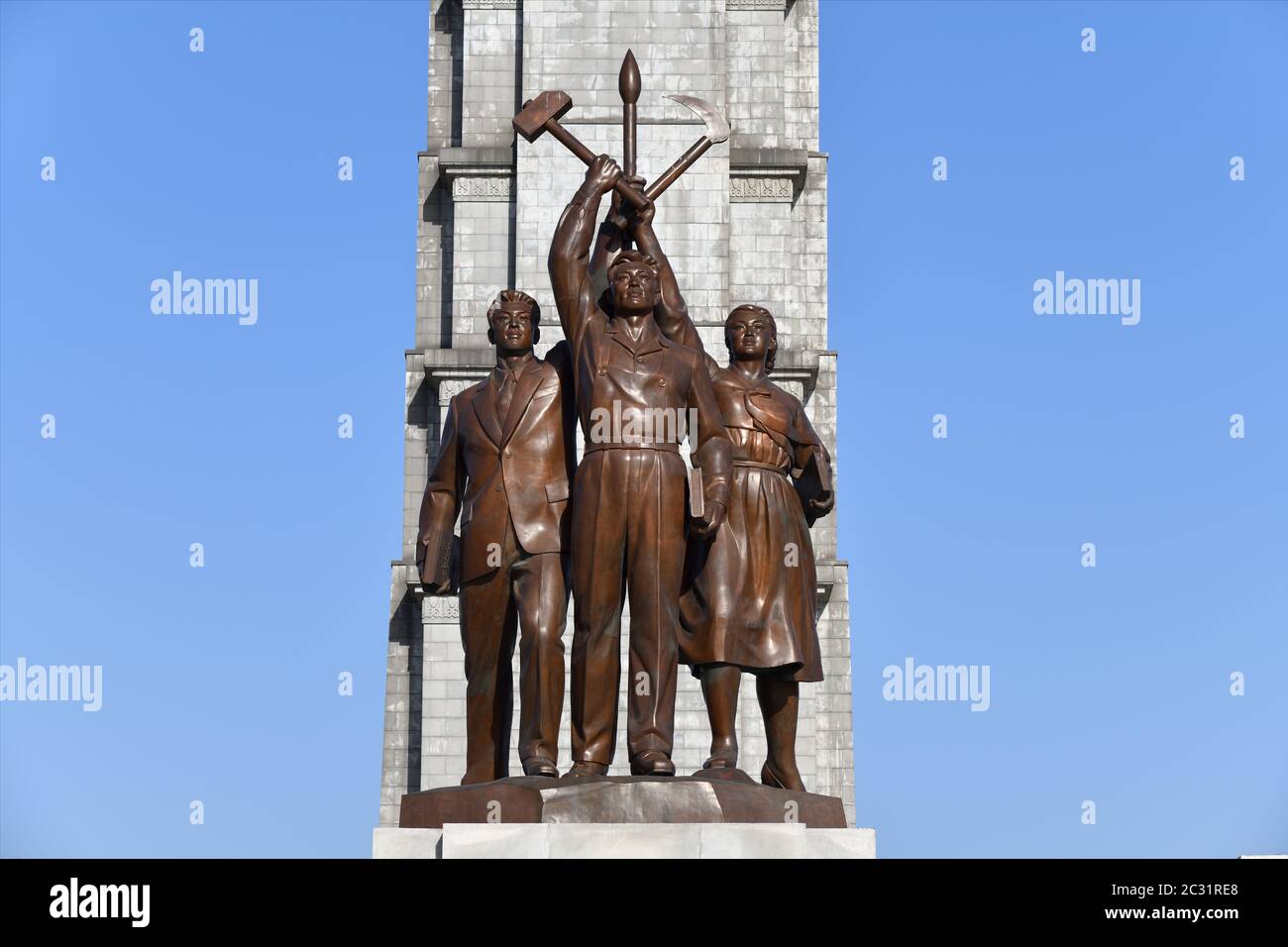 Pyongyang, North Korea - May 1, 2019: Juche statue consisting of three ...