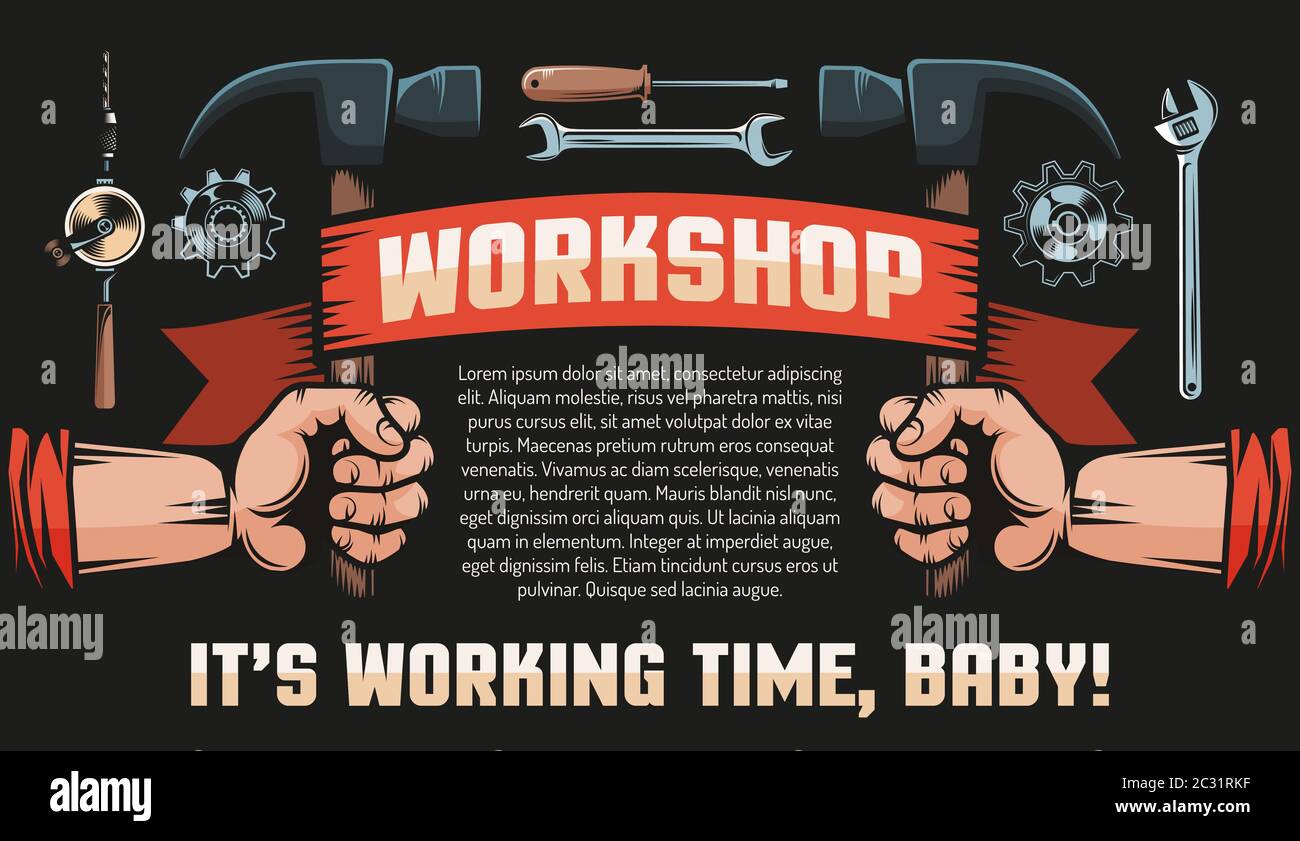 Workshop DIY vintage retro poster - hands with hammers Stock Vector ...