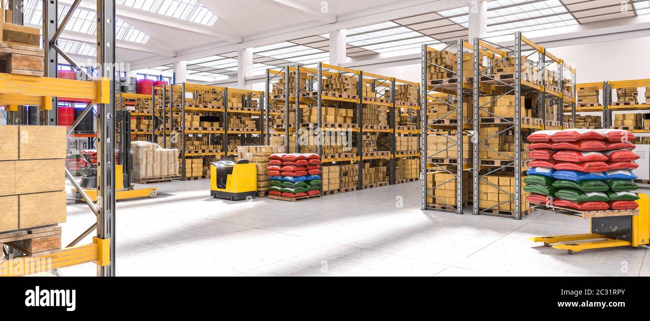 interior of a very bright industrial warehouse with ceiling windows ...