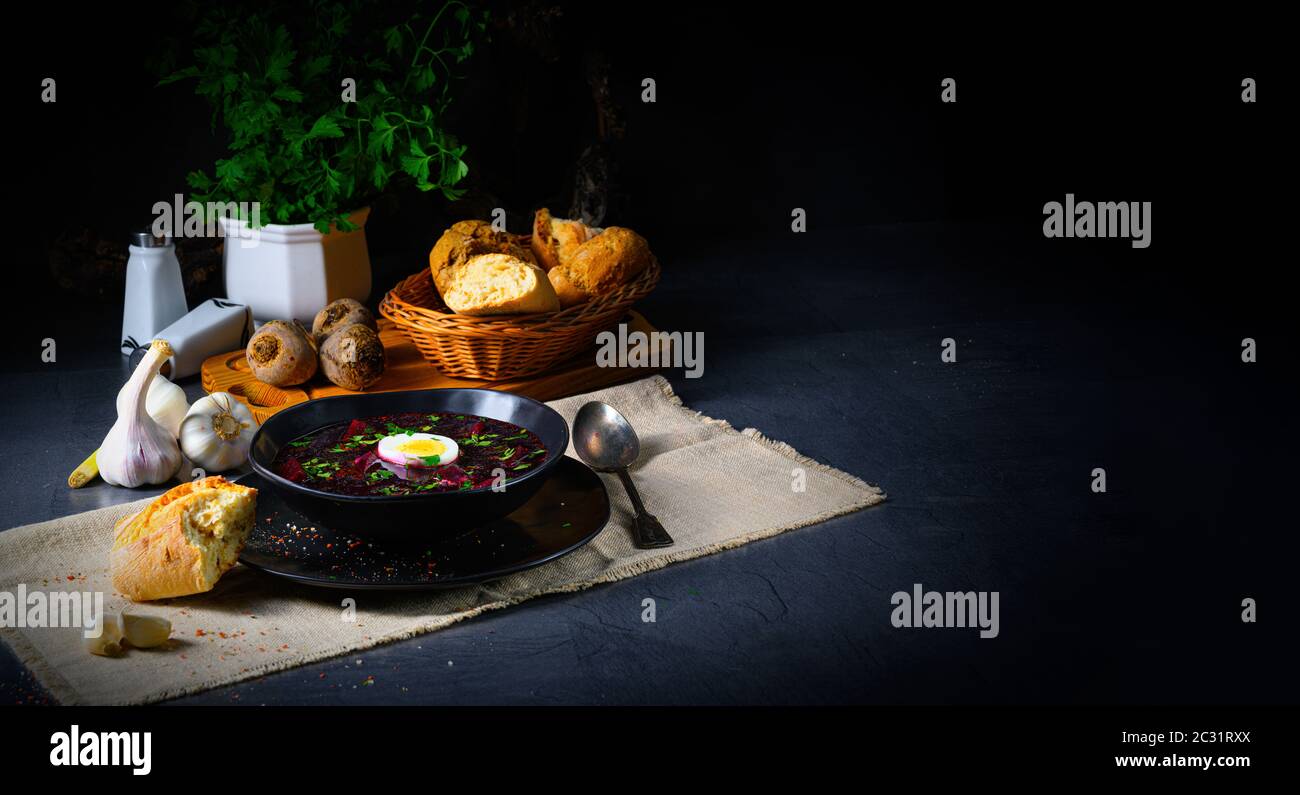 Delicious beetroot borscht with egg Stock Photo - Alamy