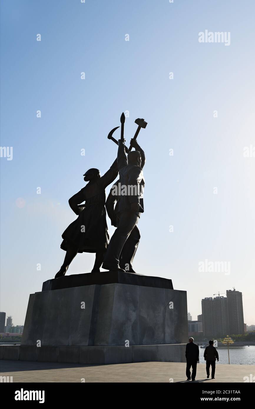 Pyongyang, North Korea - May 1, 2019: Juche statue consisting of three ...