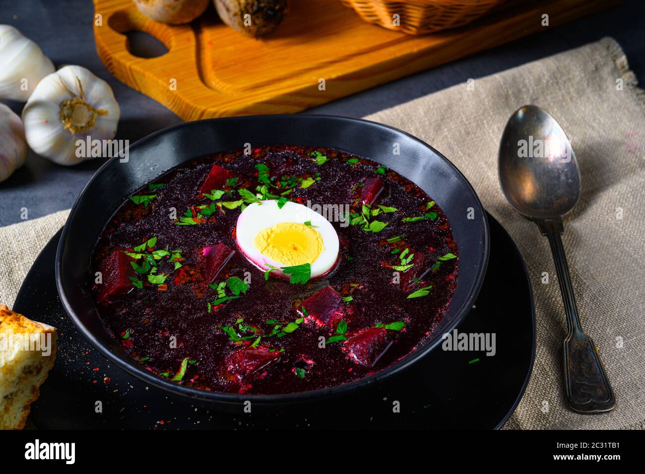 Delicious beetroot borscht with egg Stock Photo - Alamy