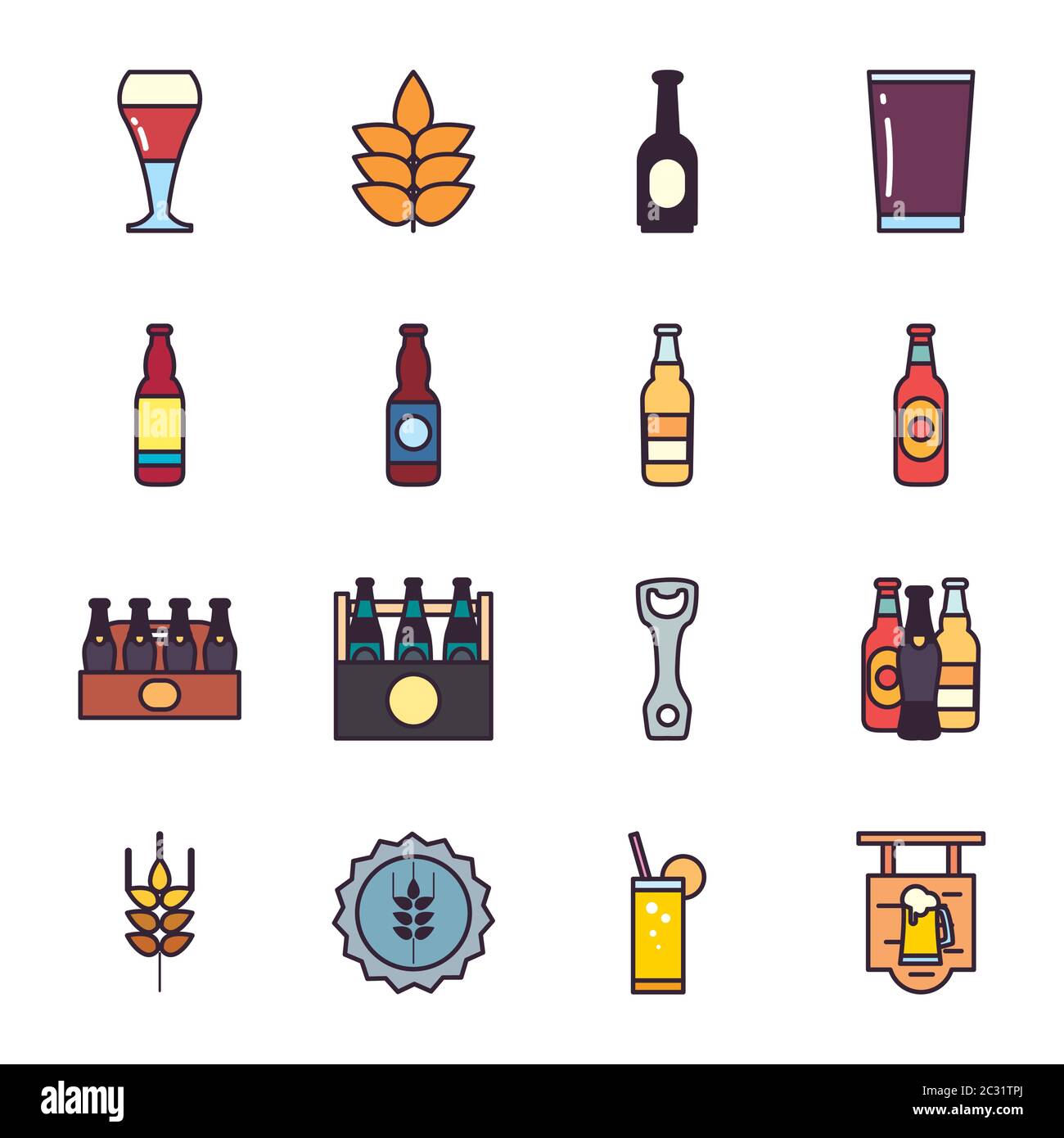 Beer line and fill style icon set design, Festival day pub alcohol bar ...
