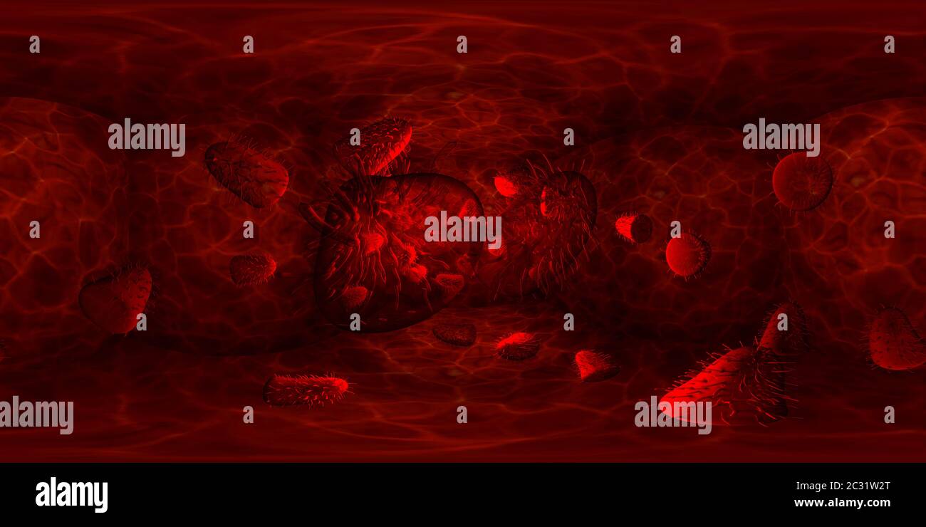 3d rendering Microscope virus- bacteria close up. Equirectangular 360 ...