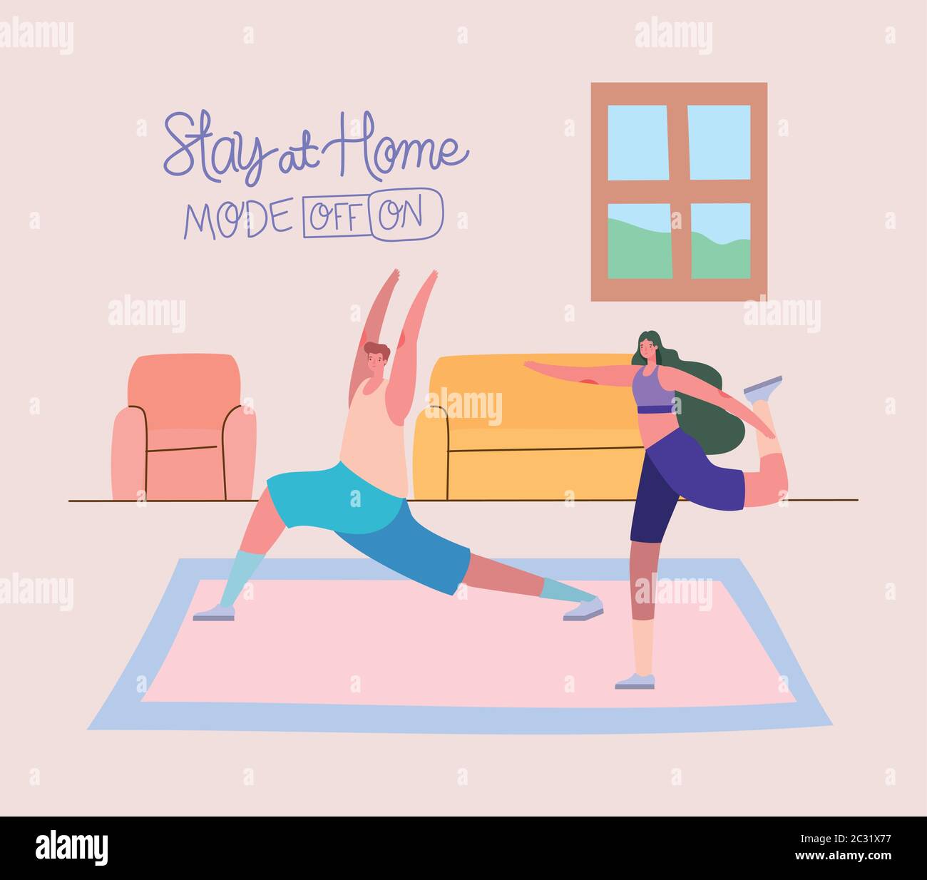 Woman and man cartoons doing exercise design of Stay at home and ...
