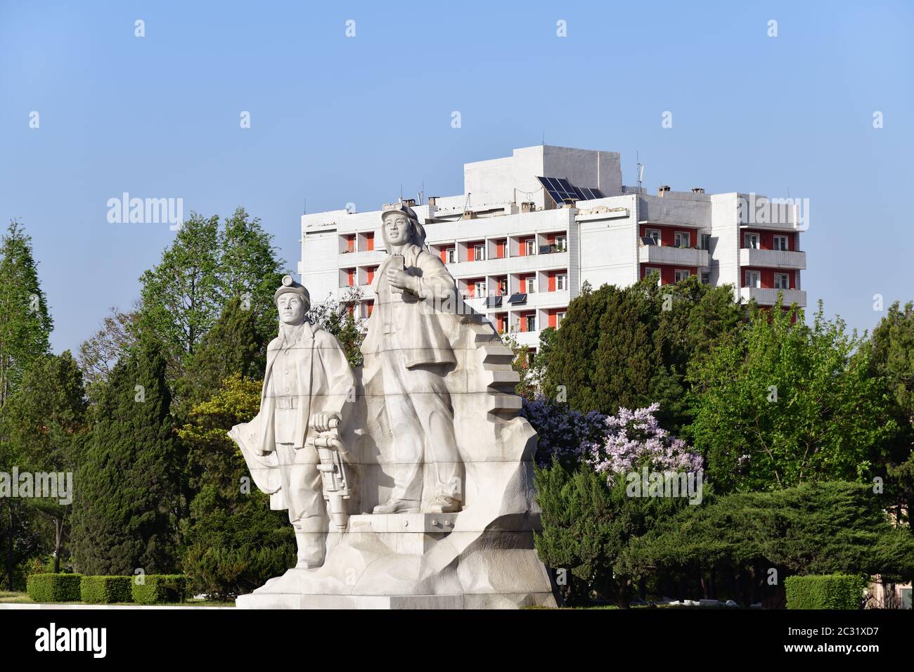 Pyongyang, North Korea - May 1, 2020: Heroic statues in park nearby ...