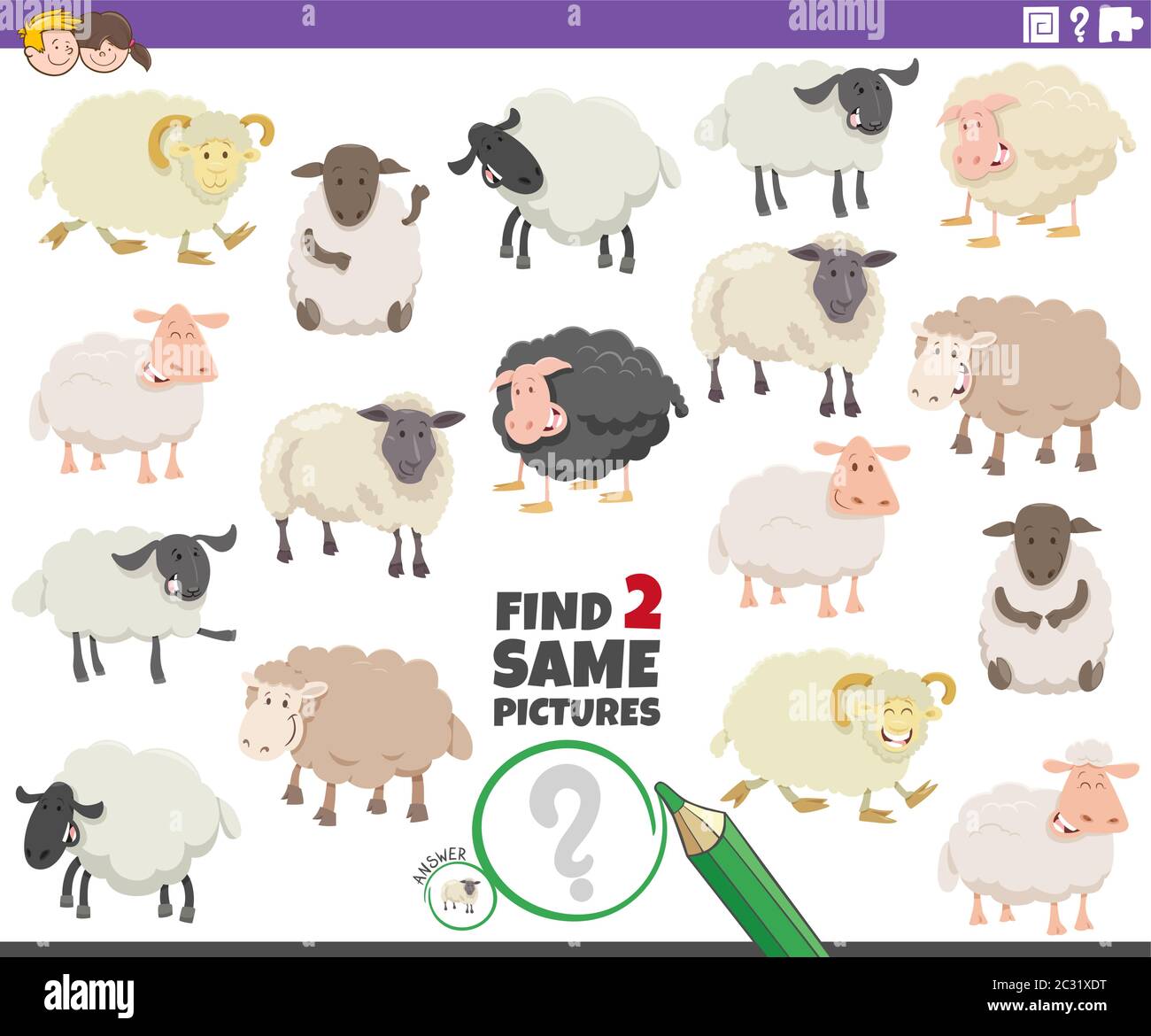 Cartoon Illustration of Finding Two Same Pictures Educational Task for ...