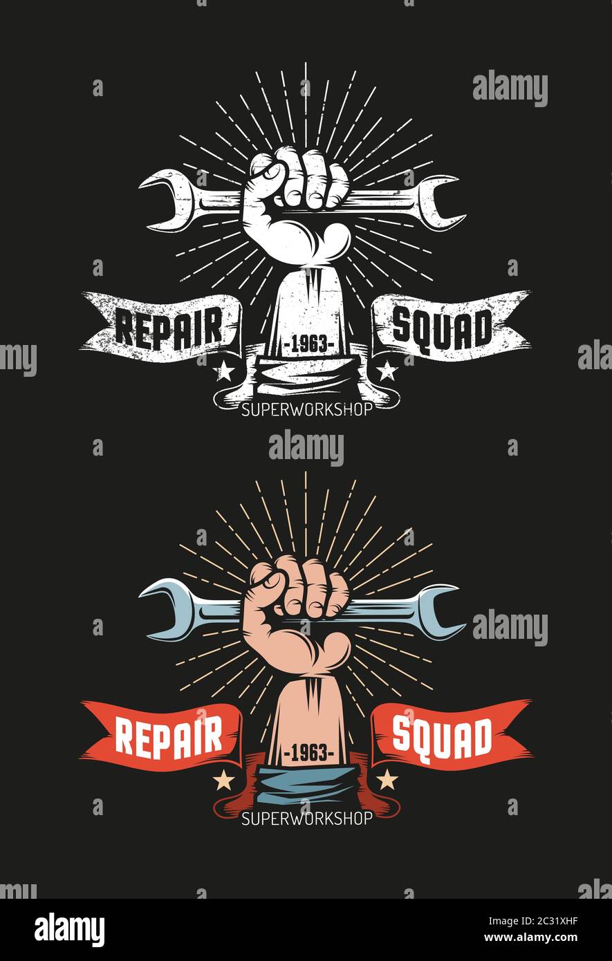 Repair workshop logo in vintage style hand holds wrench Stock Vector ...