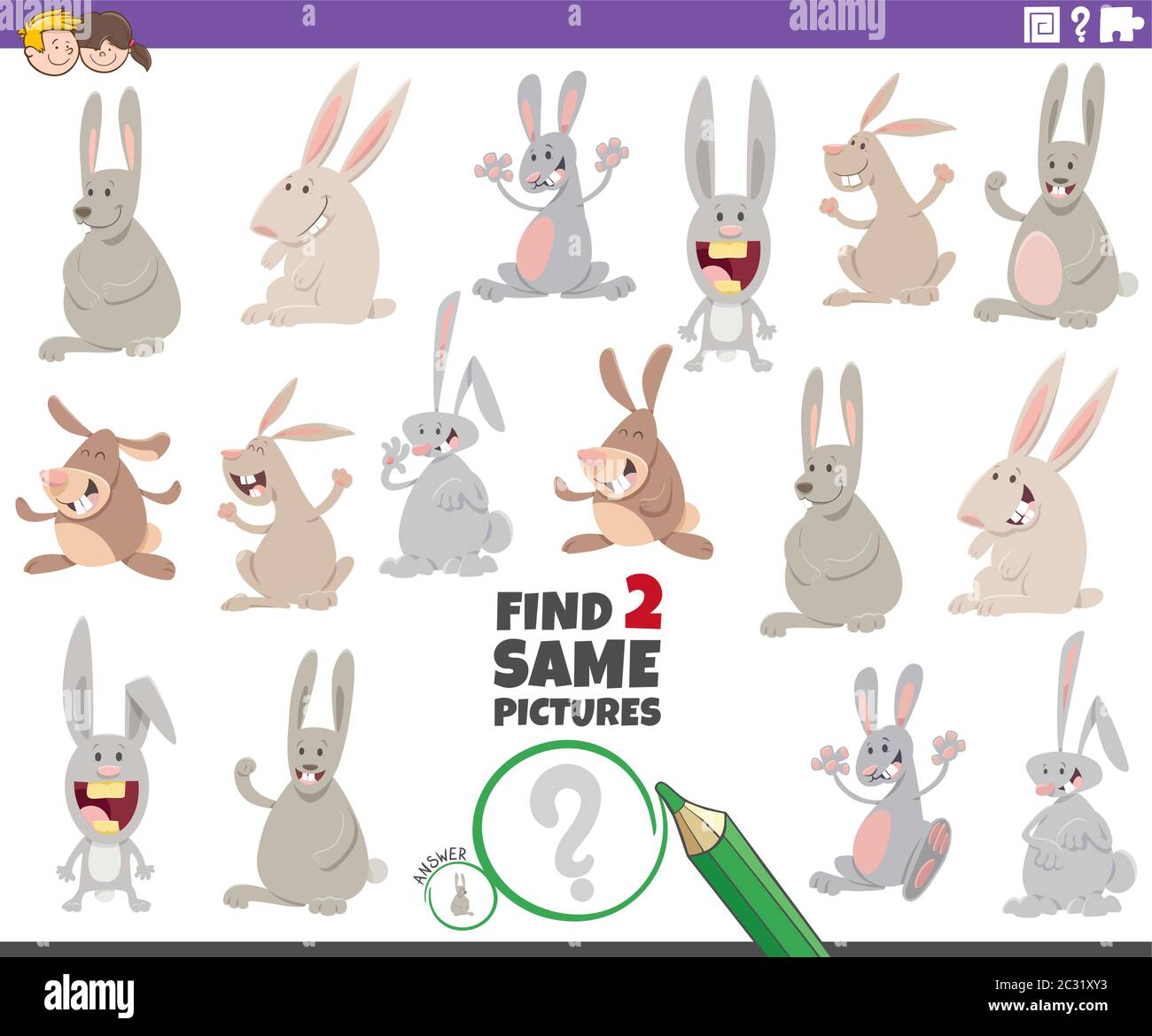 Cartoon Illustration of Finding Two Same Pictures Educational Task for ...