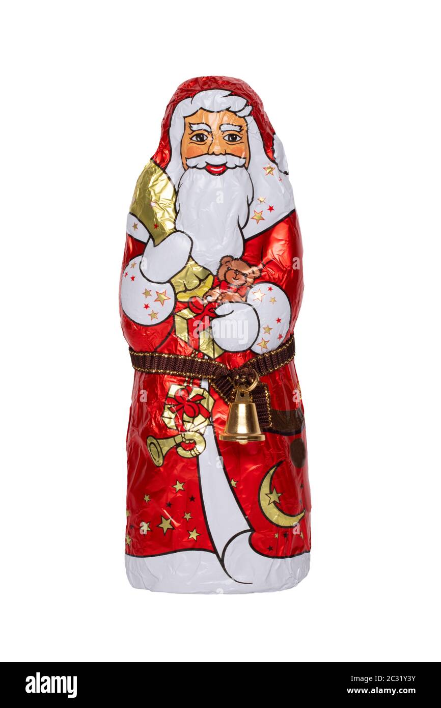 Chocolate Santa isolated. Close-up of a cheerful wrapped chocolate ...