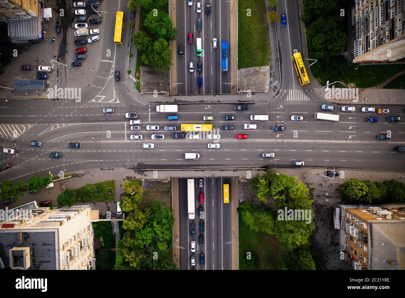 Road traffic with traffic jam on a highway overpass, top view. Two ...