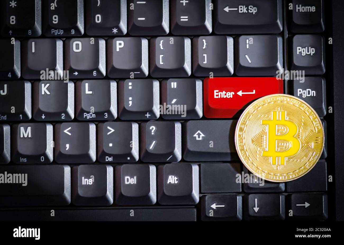 Bitcoin on red enter button computer keyboard background Stock Photo ...