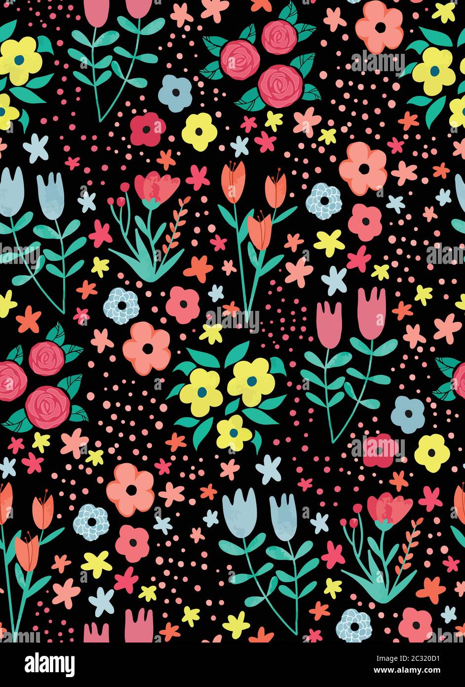 Fun and whimsical seamless floral pattern and background, spring ...