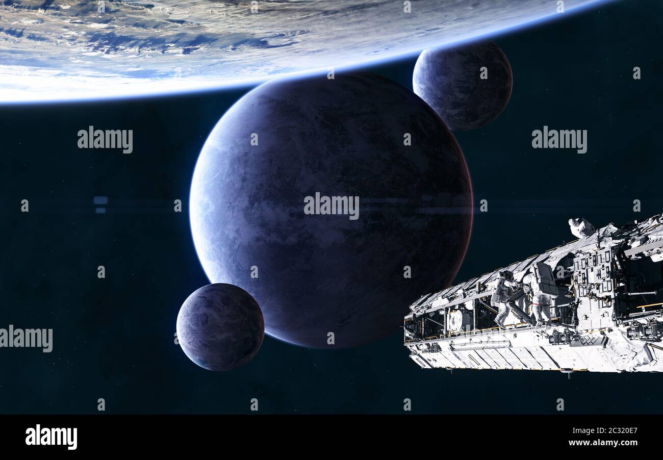 Planets and satellites in deep space, space station in orbit of ...