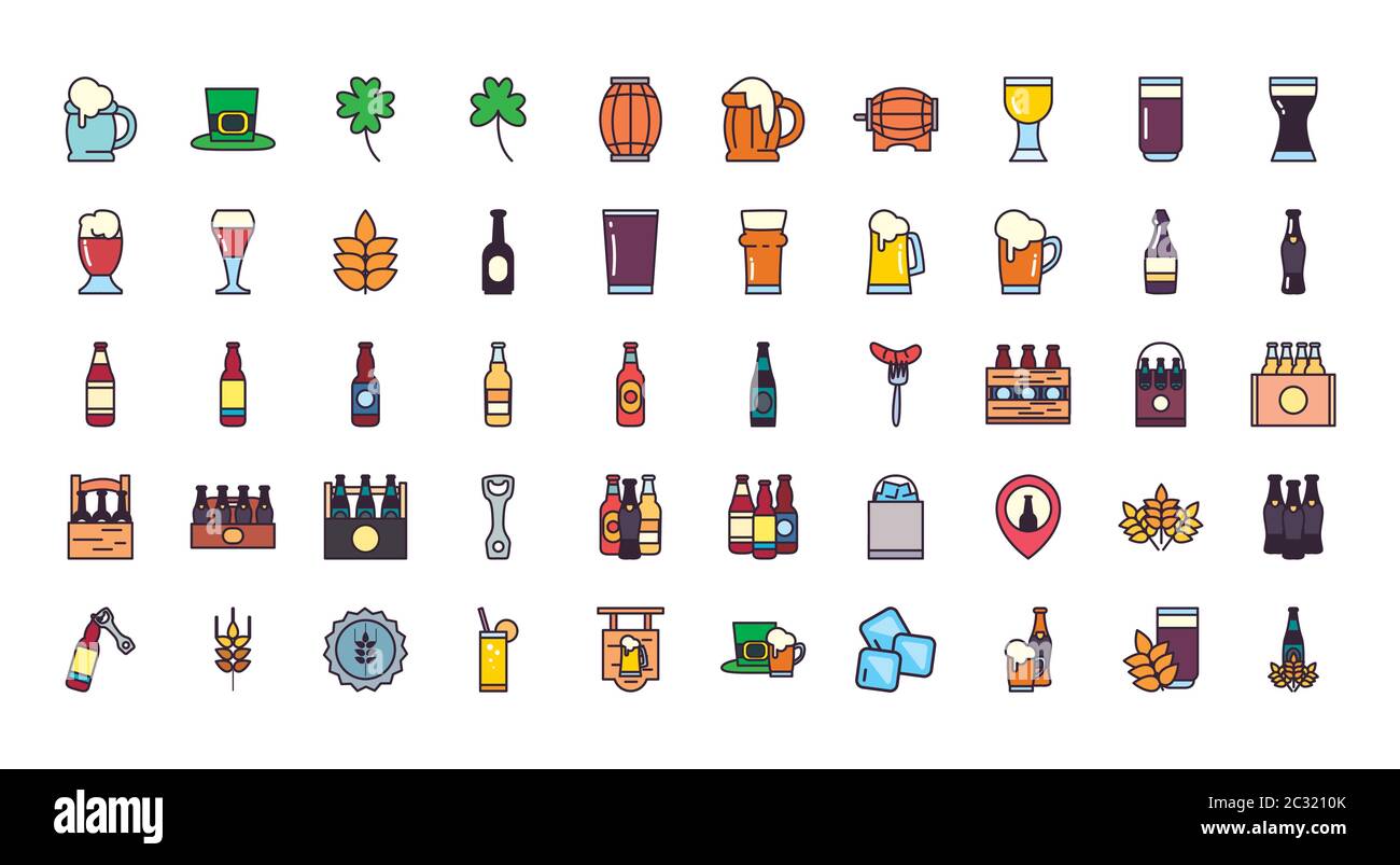 Beer line and fill style icon set design, Festival day pub alcohol bar ...