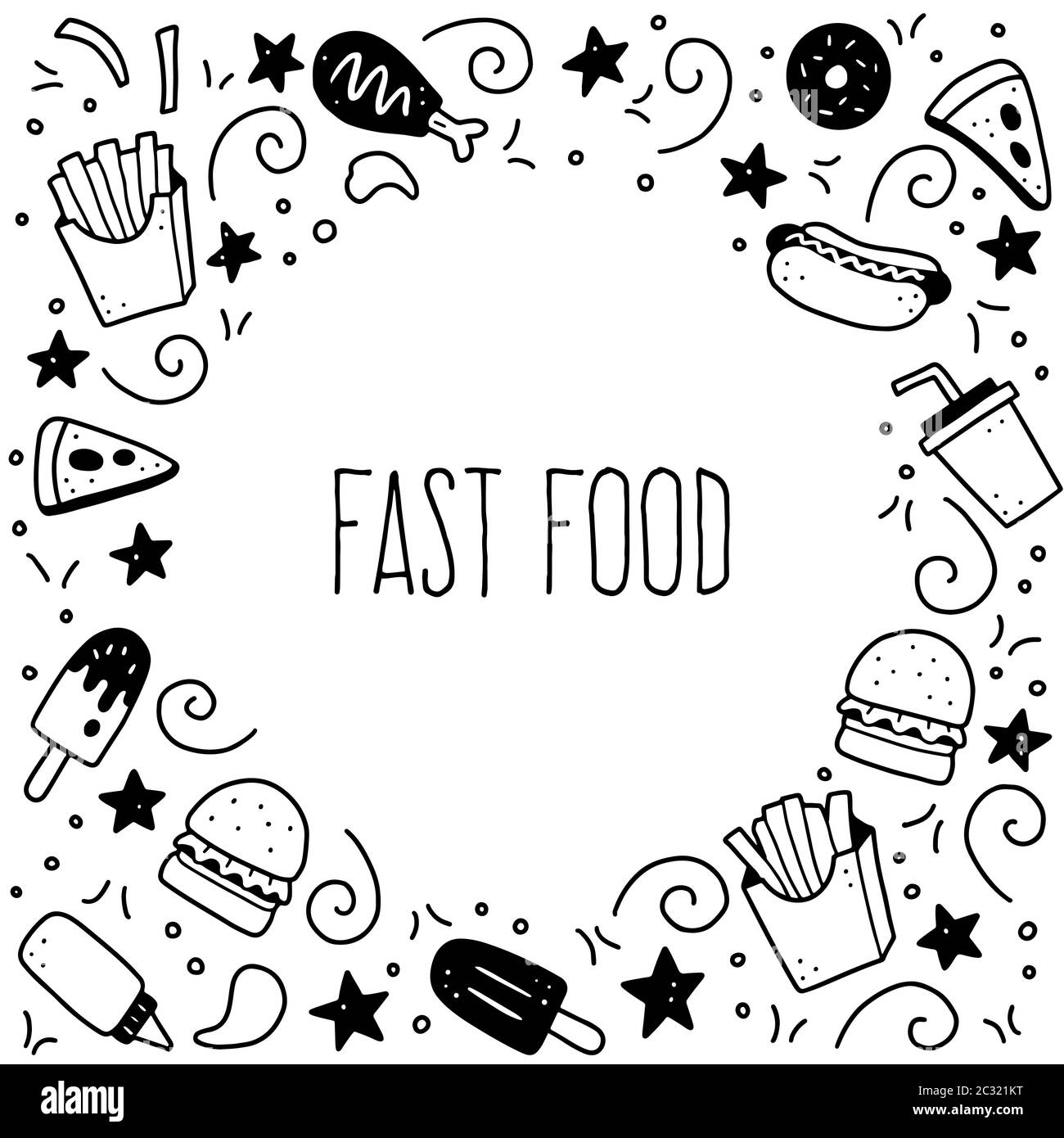 Hand drawn frame of fast food elements, burger, pizza, sandwich ...