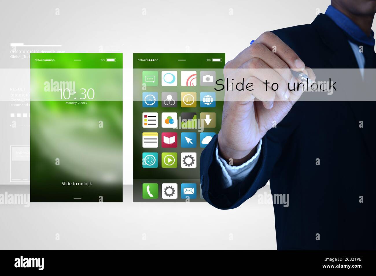 Man hand showing touch screen Stock Photo - Alamy