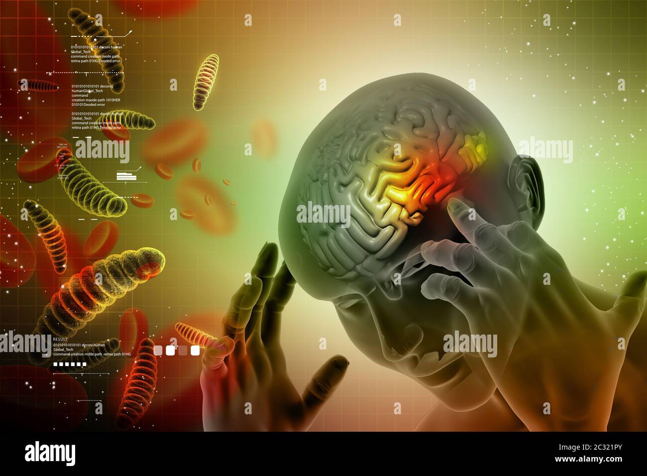 Man head showing the human brain with headache Stock Photo - Alamy