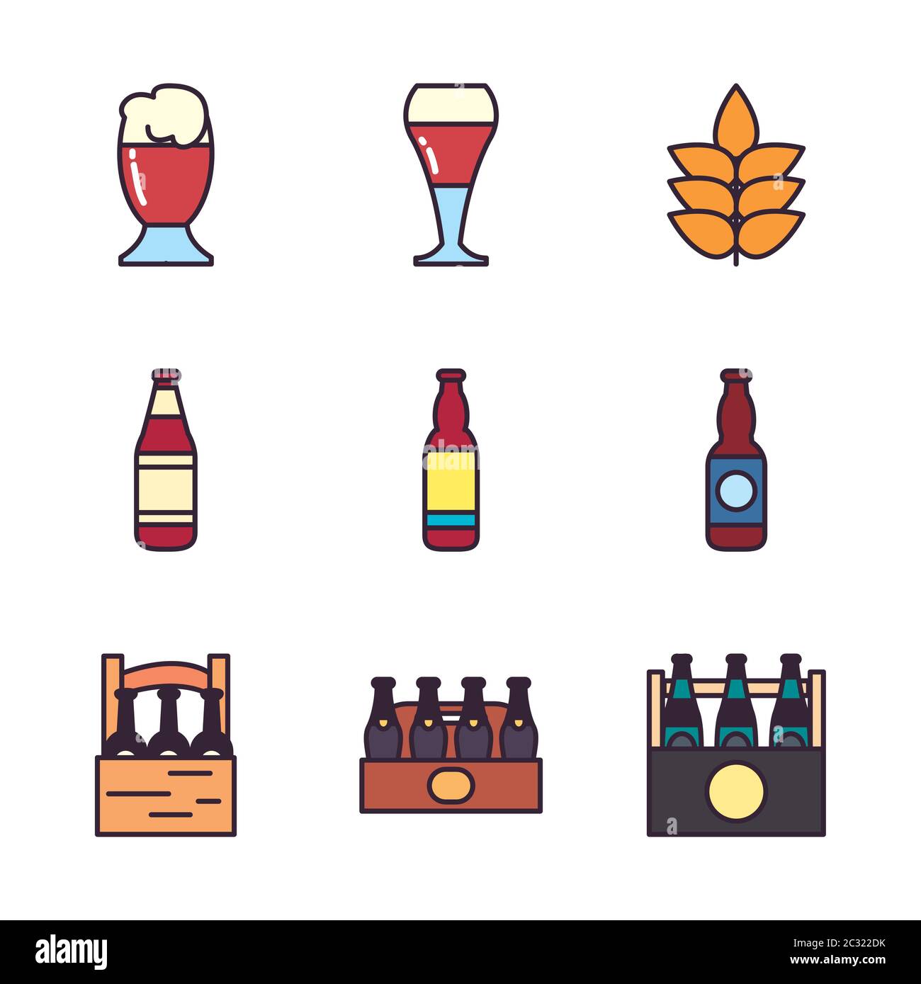 Beer line and fill style icon set design, Festival day pub alcohol bar ...