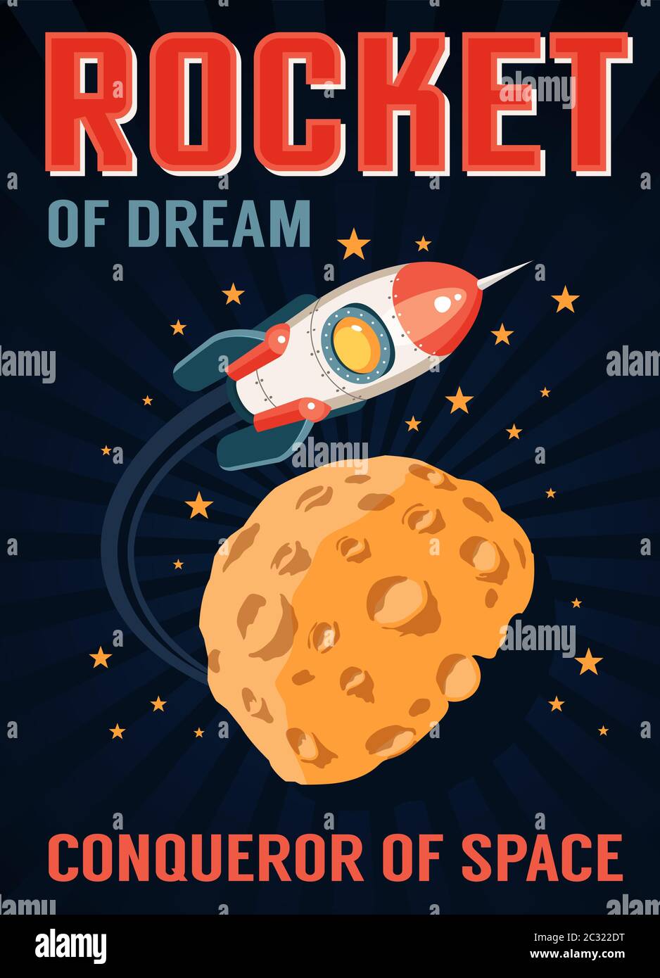 Rocket in space flies over a planet with craters similar to the moon ...