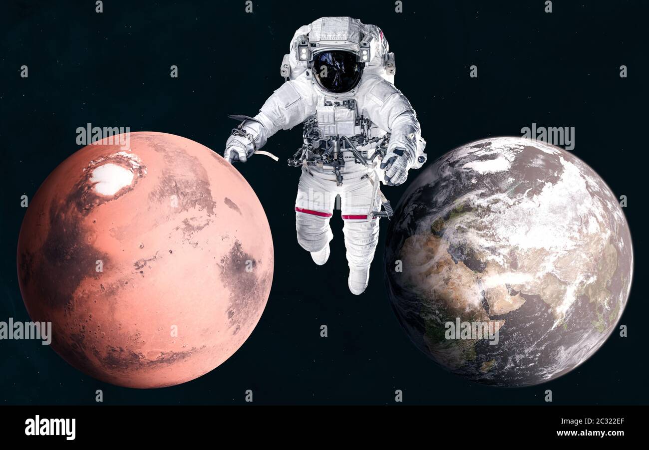 Mars and Earth on background of astronaut. Solar system. 3D Render ...
