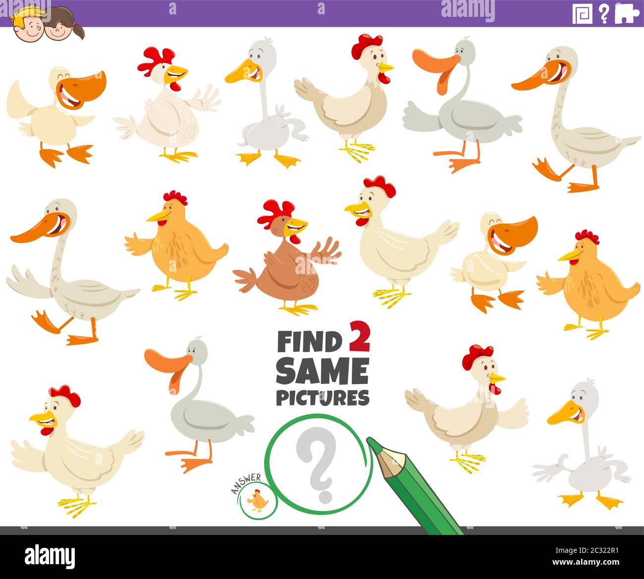 Cartoon Illustration of Finding Two Same Pictures Educational Task for ...