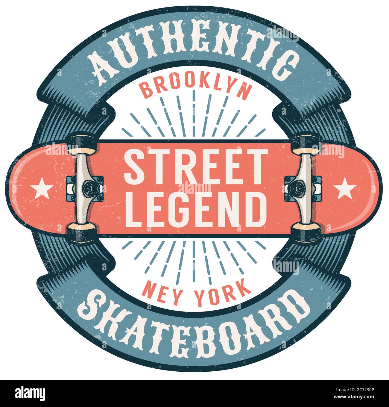 Hipster skateboarding logo with round ribbon and inverted skateboard ...